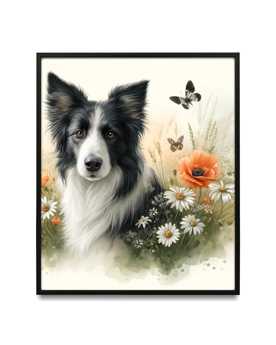 Watercolor Border Collie Portrait Dog Wall Art, Canvas Poster, Floral ...