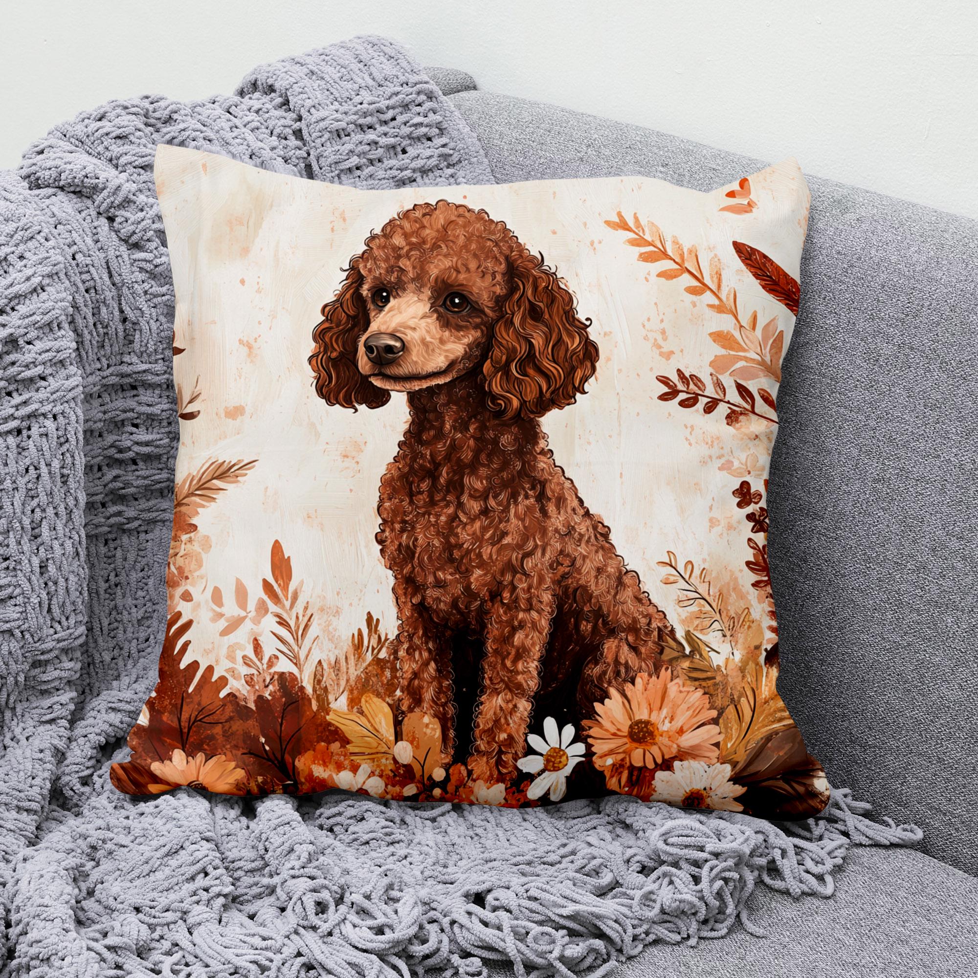 Brown Poodle Pillow Cover With Autumn Florals, Vintage Style Dog Throw ...