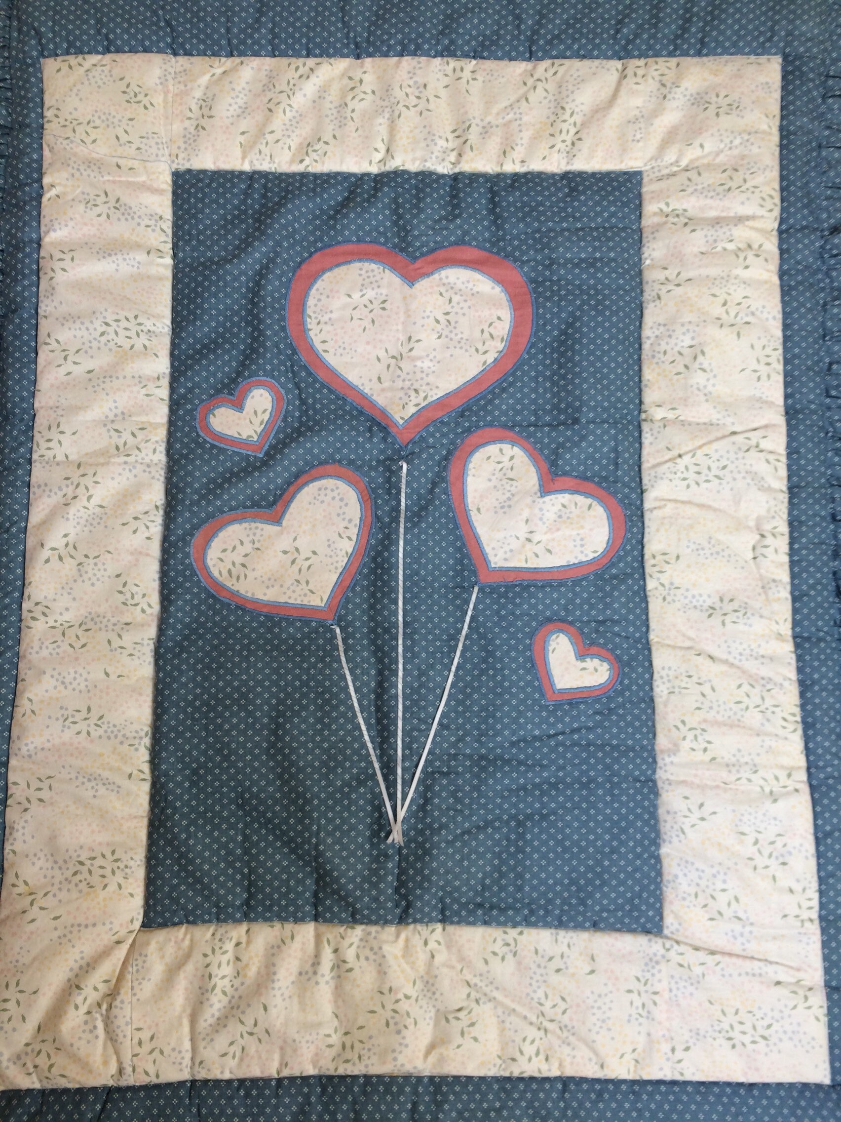 Baby Crib Quilt Blue Cream Print Heart Balloons STUNNING LIKE NEW Hand Made Etsy Ireland