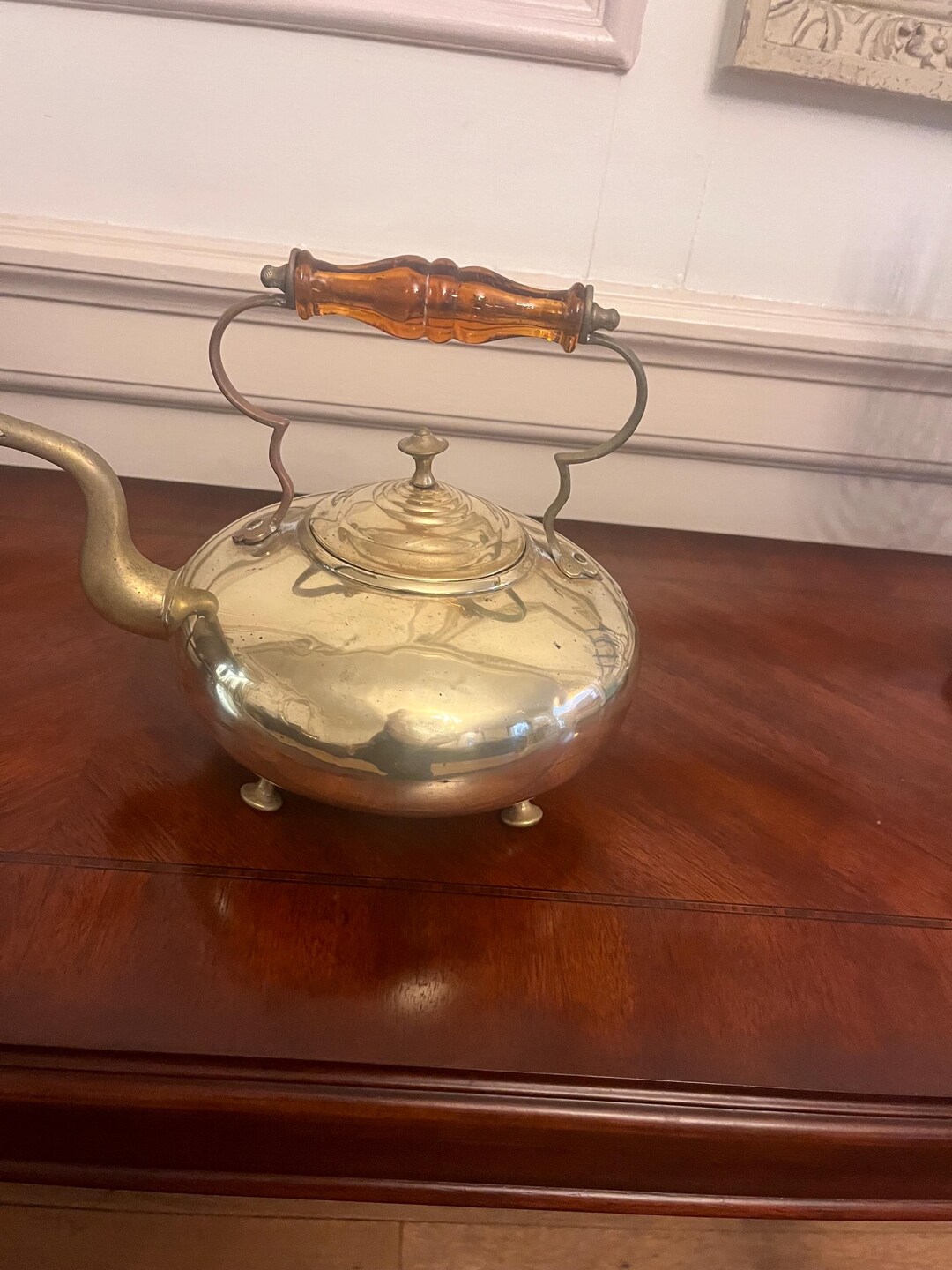 Vintage Brass Tea Pot With Amber Handle - Etsy