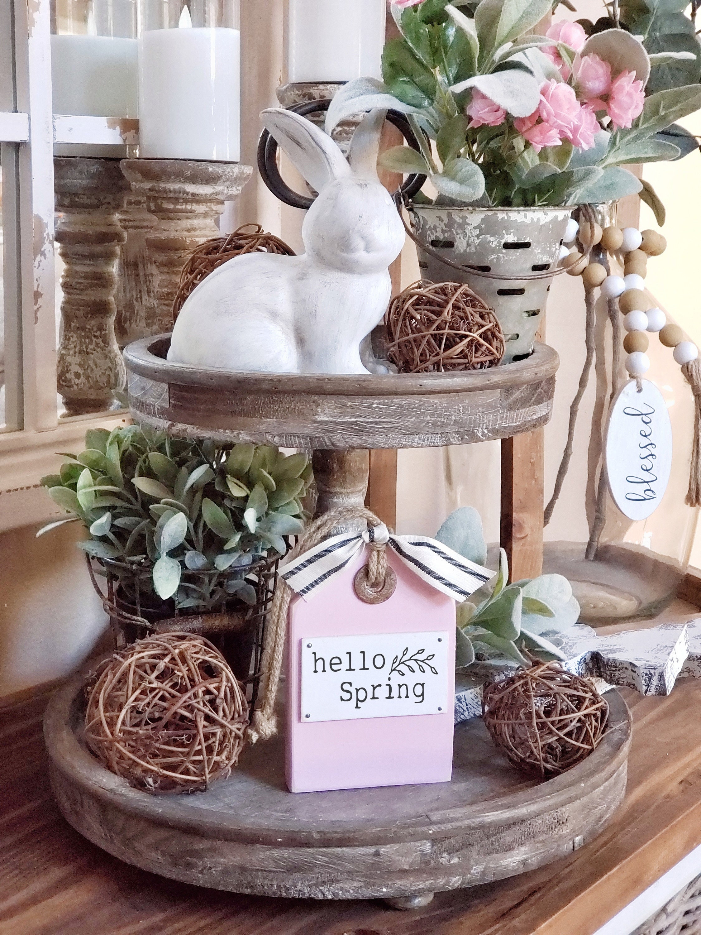 Hello Spring Wood Tag Tiered Tray Sign Tiered Tray Decor | Etsy