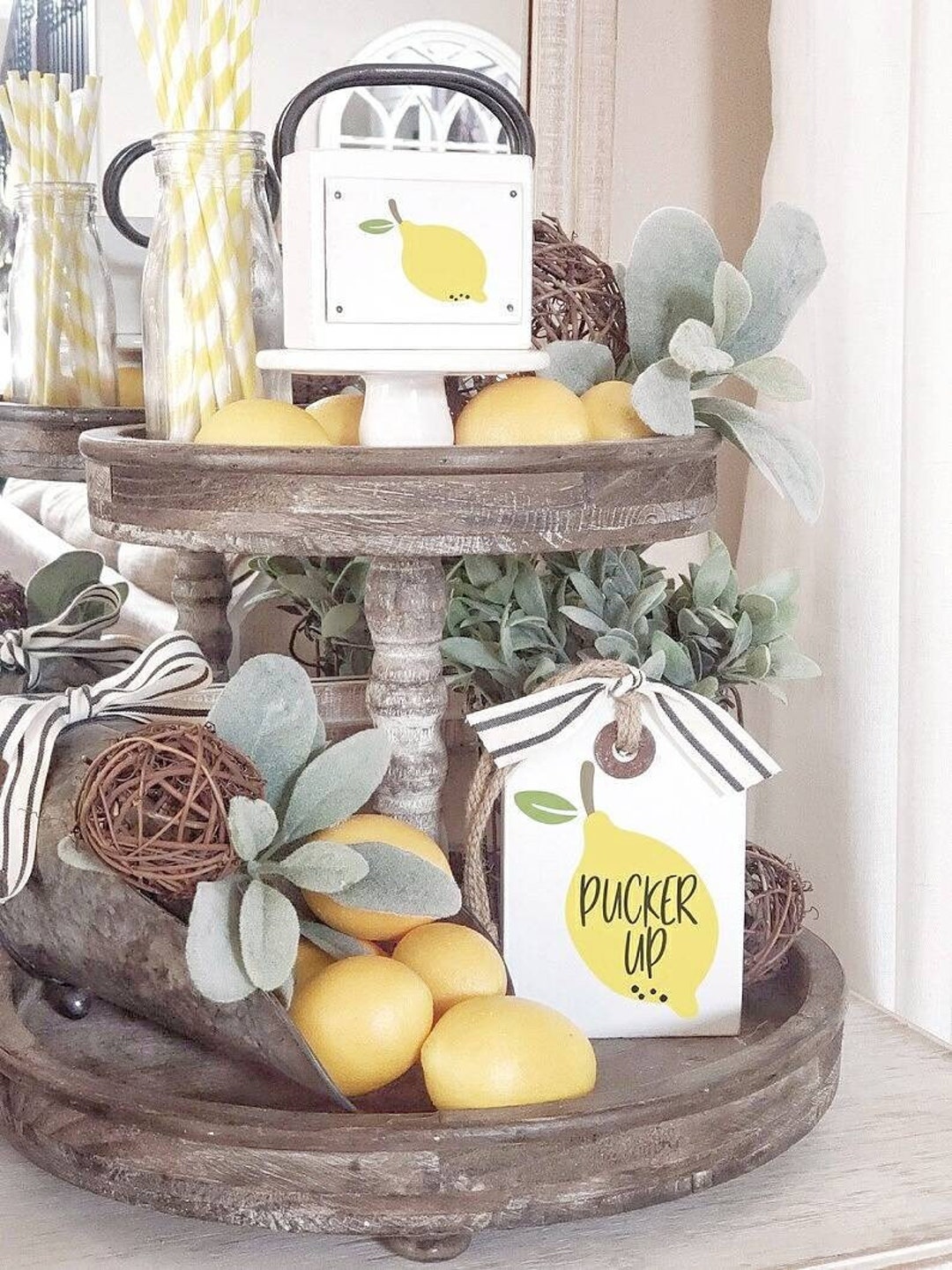 Pucker Up| Wood Tag | Tiered Tray Sign| Tiered Tray Decor | Lemon Tray ...
