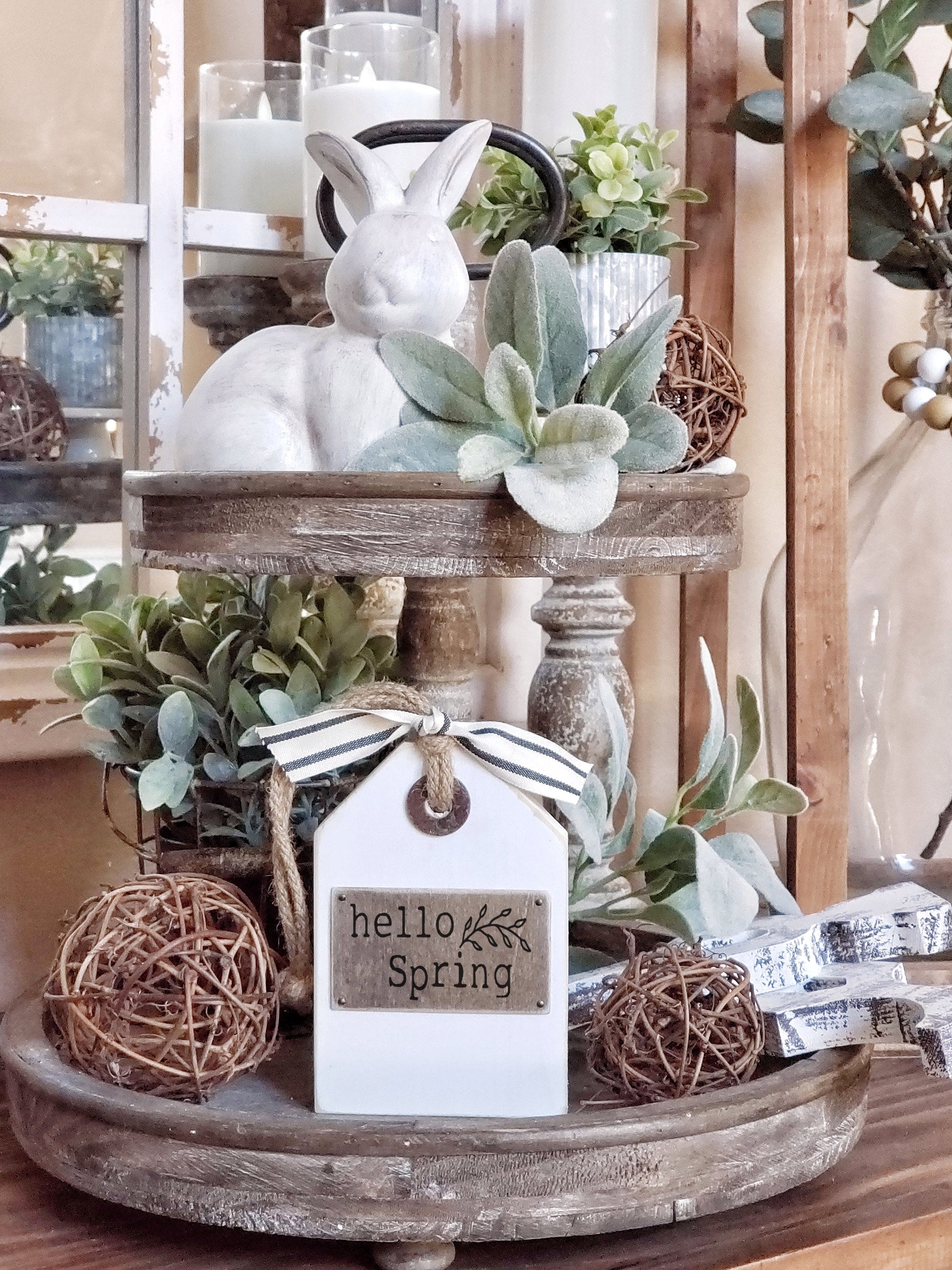 Hello Spring Wood Tag Tiered Tray Sign Tiered Tray Decor | Etsy