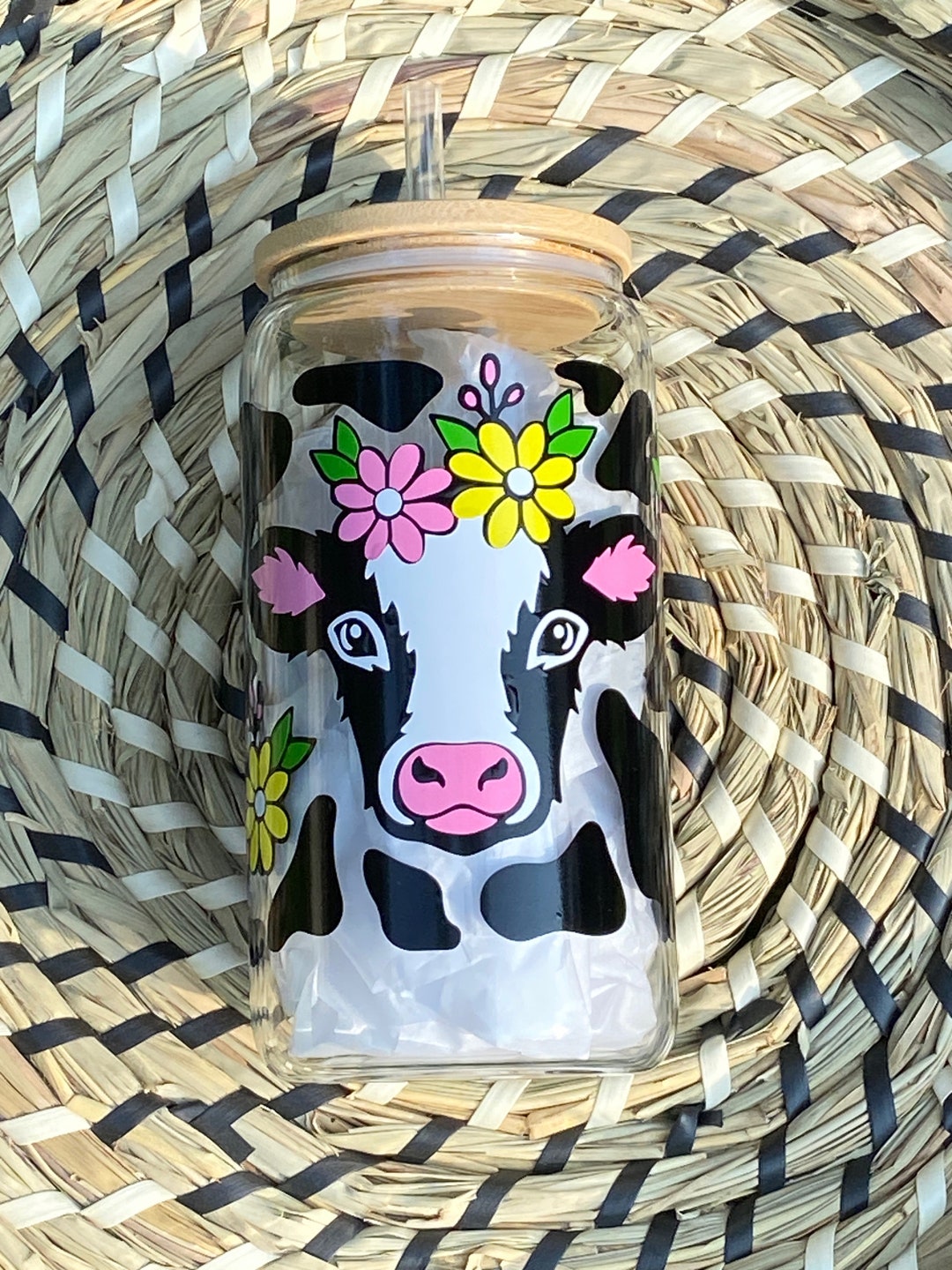 Daisy Cow Glass Cup, Cow Glass Can, 16oz Libby Glass Can, Flower Cow ...