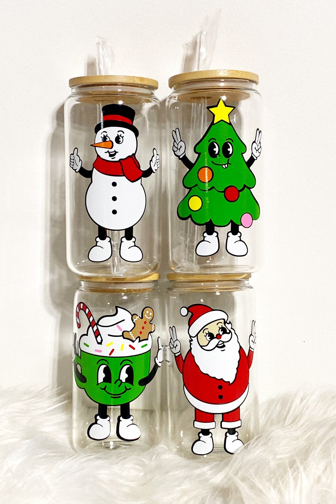 RETRO Christmas Characters Glass Cup, Retro Christms Glass Can, 16oz ...