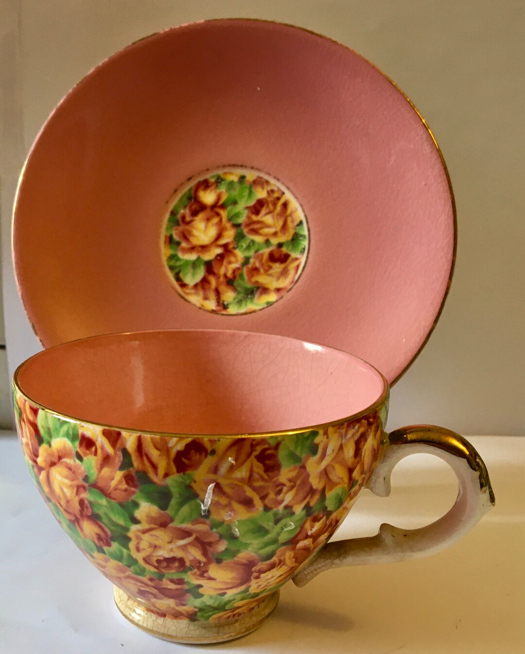 Vintage Royal Leighton Ware Pink Floral Chintz Tea Cup and Saucer 1930 ...