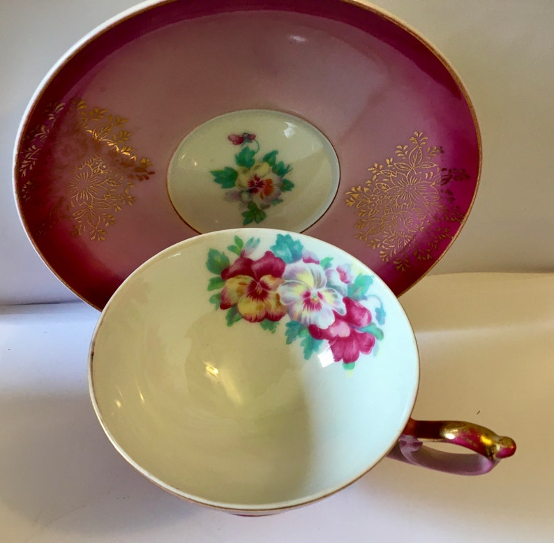 Vintage Gorgeous Burgundy Pedestal Castle China Tea Cup and Saucer ...