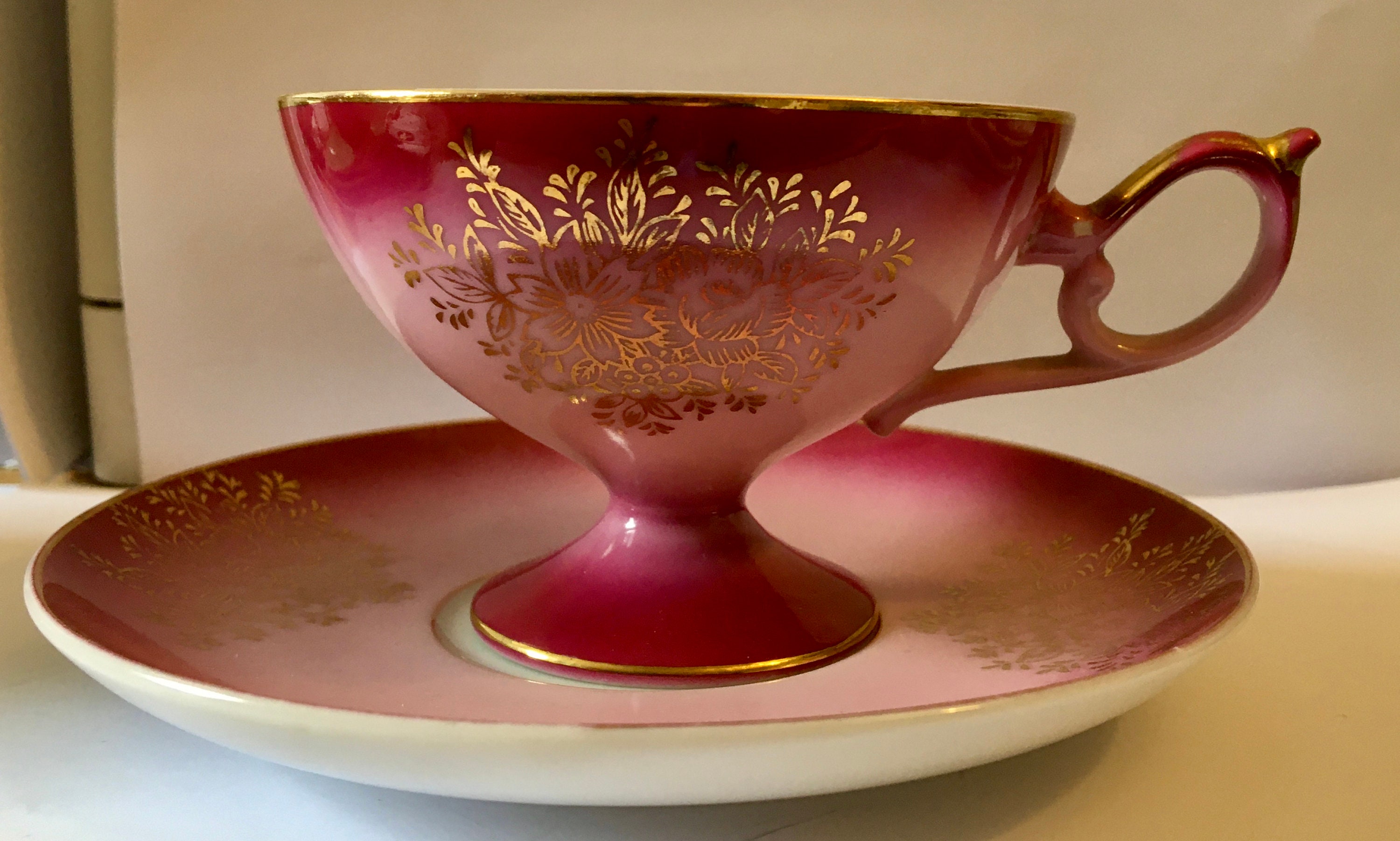 Vintage Gorgeous Burgundy Pedestal Castle China Tea Cup and Saucer ...