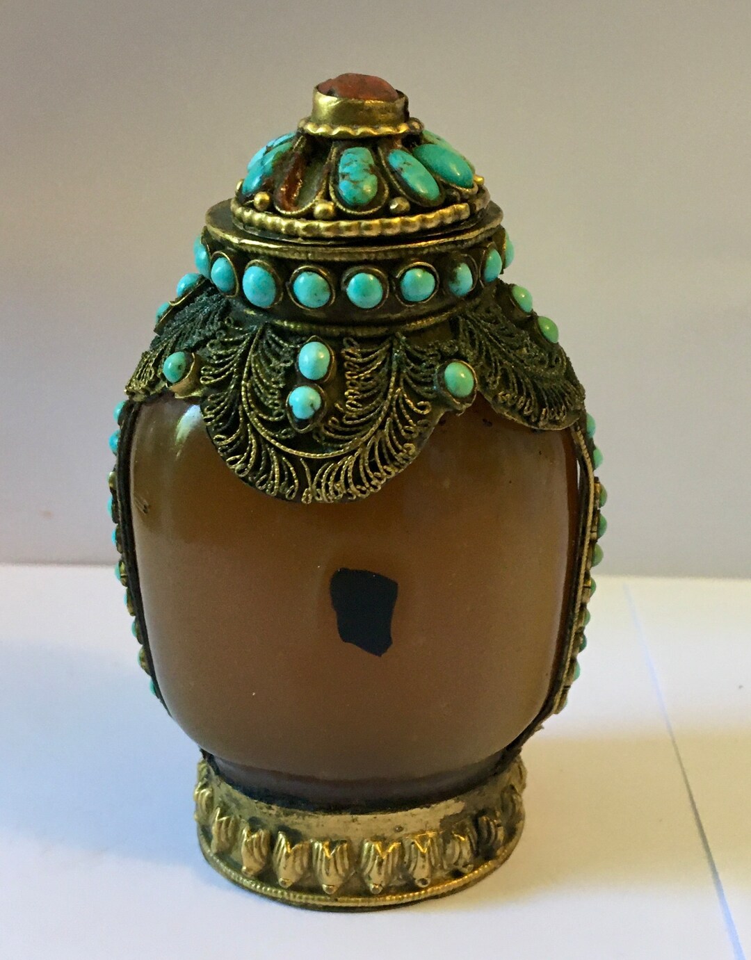 Antique Snuff / Scent Bottle Blue Stones Copper Filagree 3 1/2 H by 2 W ...