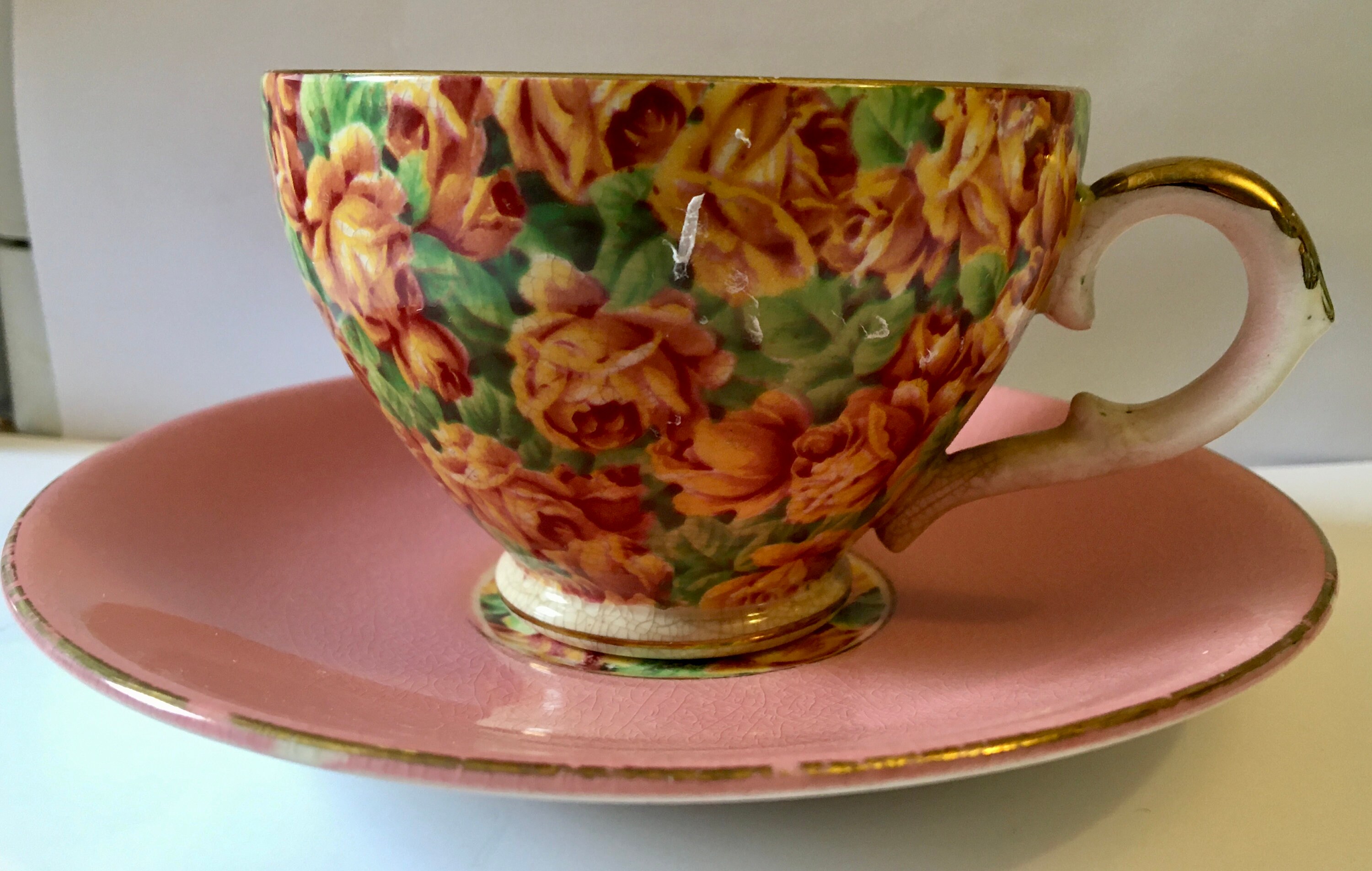 Vintage Royal Leighton Ware Pink Floral Chintz Tea Cup and Saucer 1930 ...