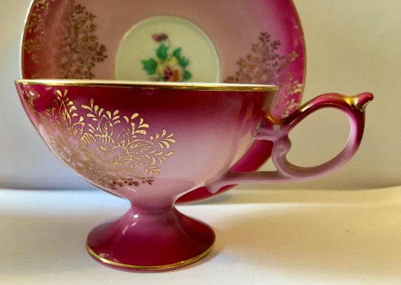 Vintage Gorgeous Burgundy Pedestal Castle China Tea Cup and Saucer ...