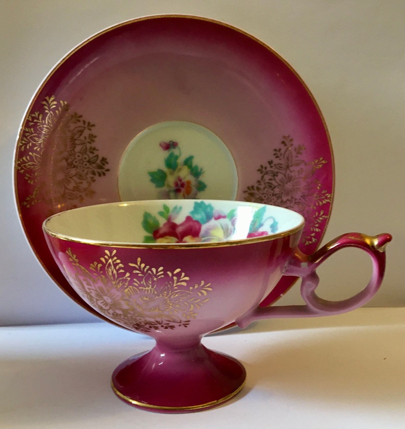 Vintage Gorgeous Burgundy Pedestal Castle China Tea Cup and Saucer ...