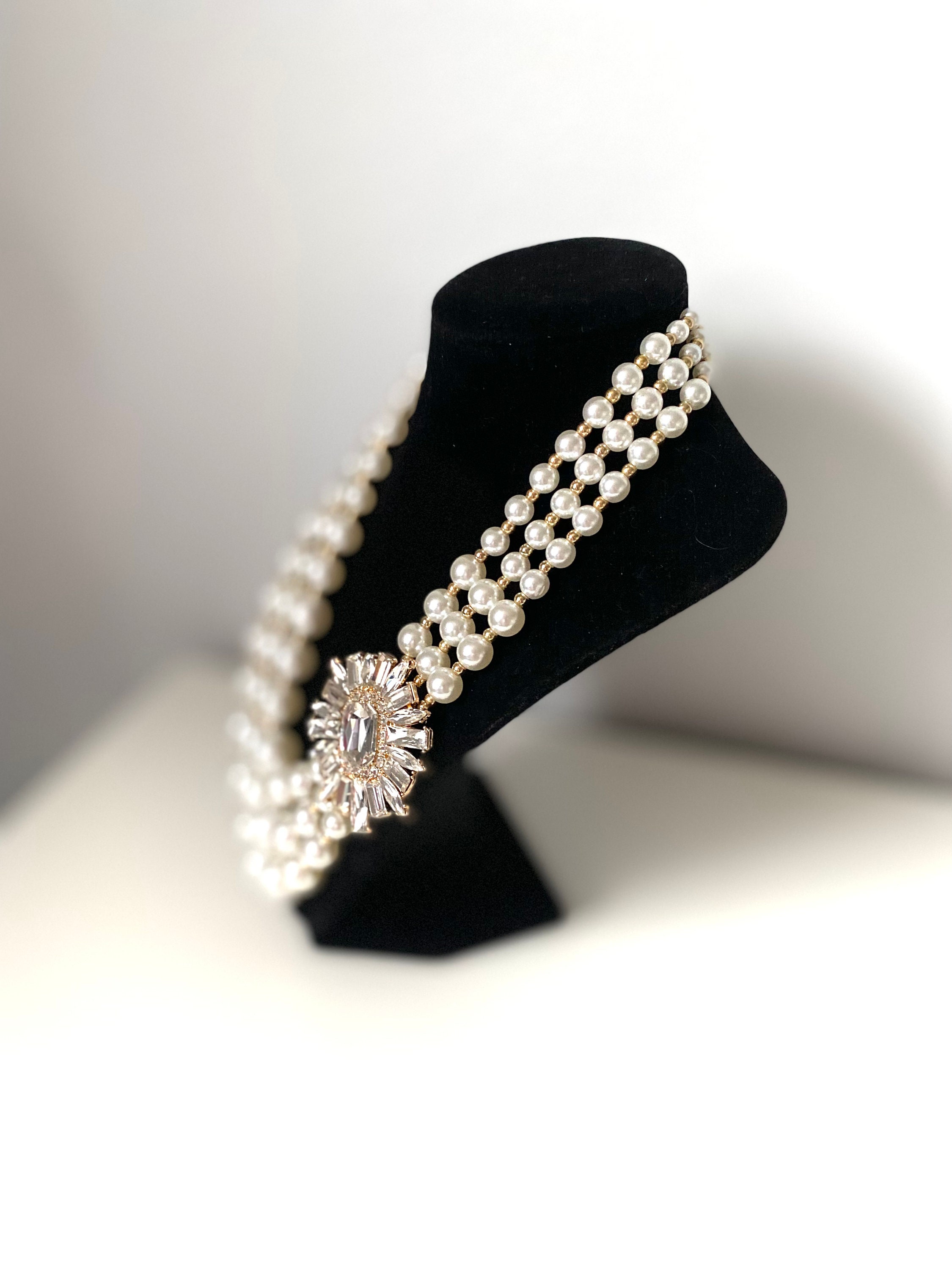 Multi Layered Pearl Necklace Pearl Necklace With Crystal - Etsy