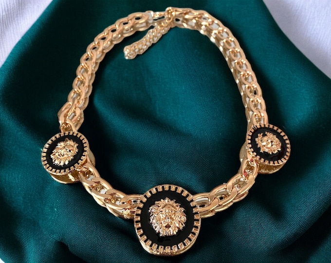 Gold Chunky Lion Necklace, Triple Lion Head Pendant Necklace, Urban ...