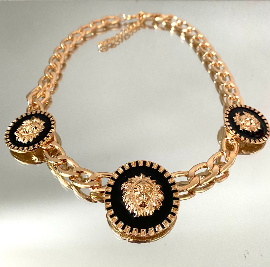 Gold Chunky Lion Necklace, Triple Lion Head Pendant Necklace, Urban ...