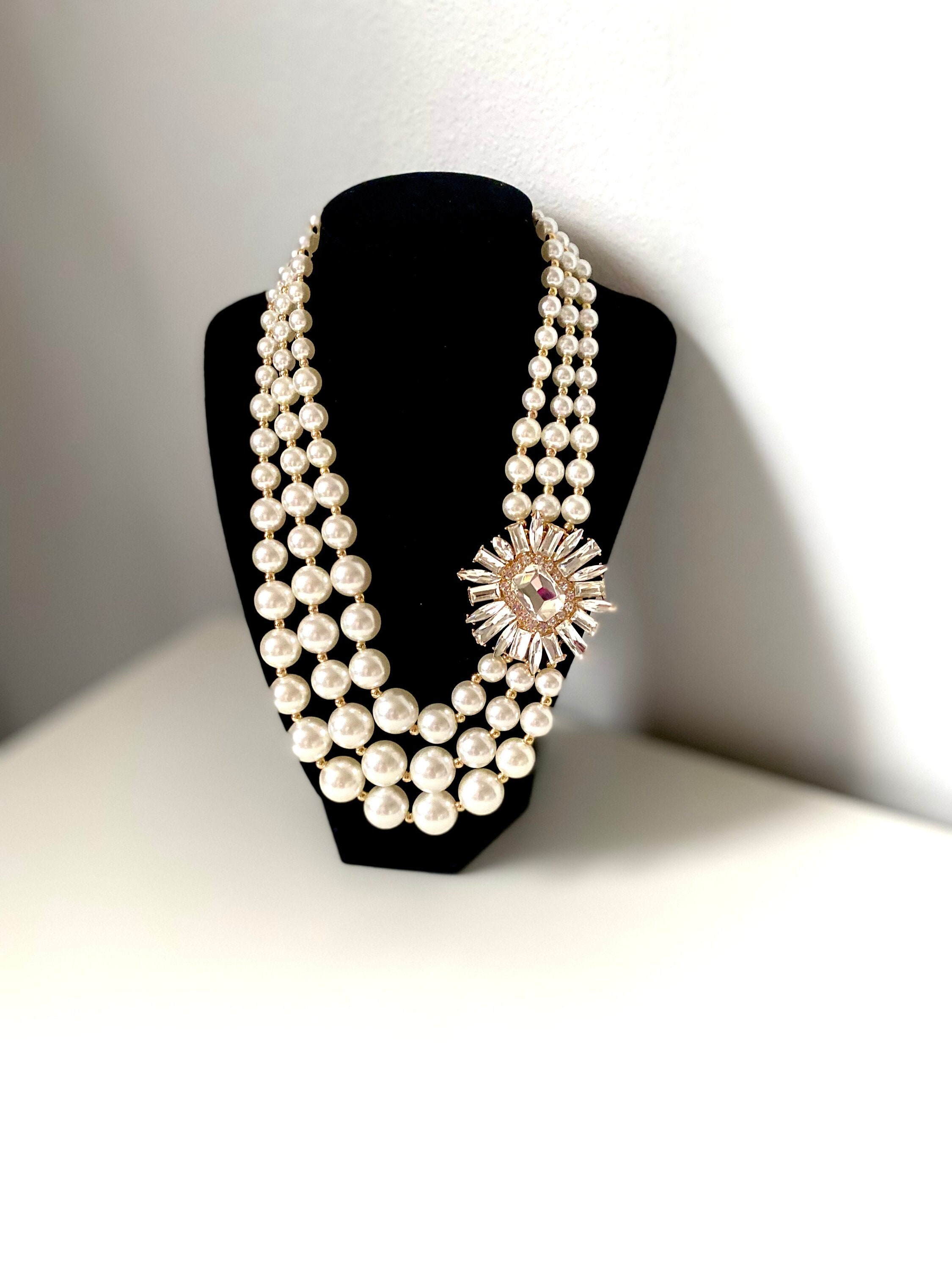 Multi Layered Pearl Necklace Pearl Necklace With Crystal - Etsy