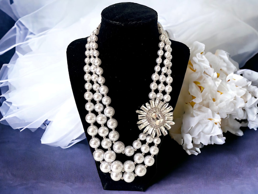 Multi Layered Pearl Necklace: White Acrylic Pearls, Crystal Brooch - Etsy