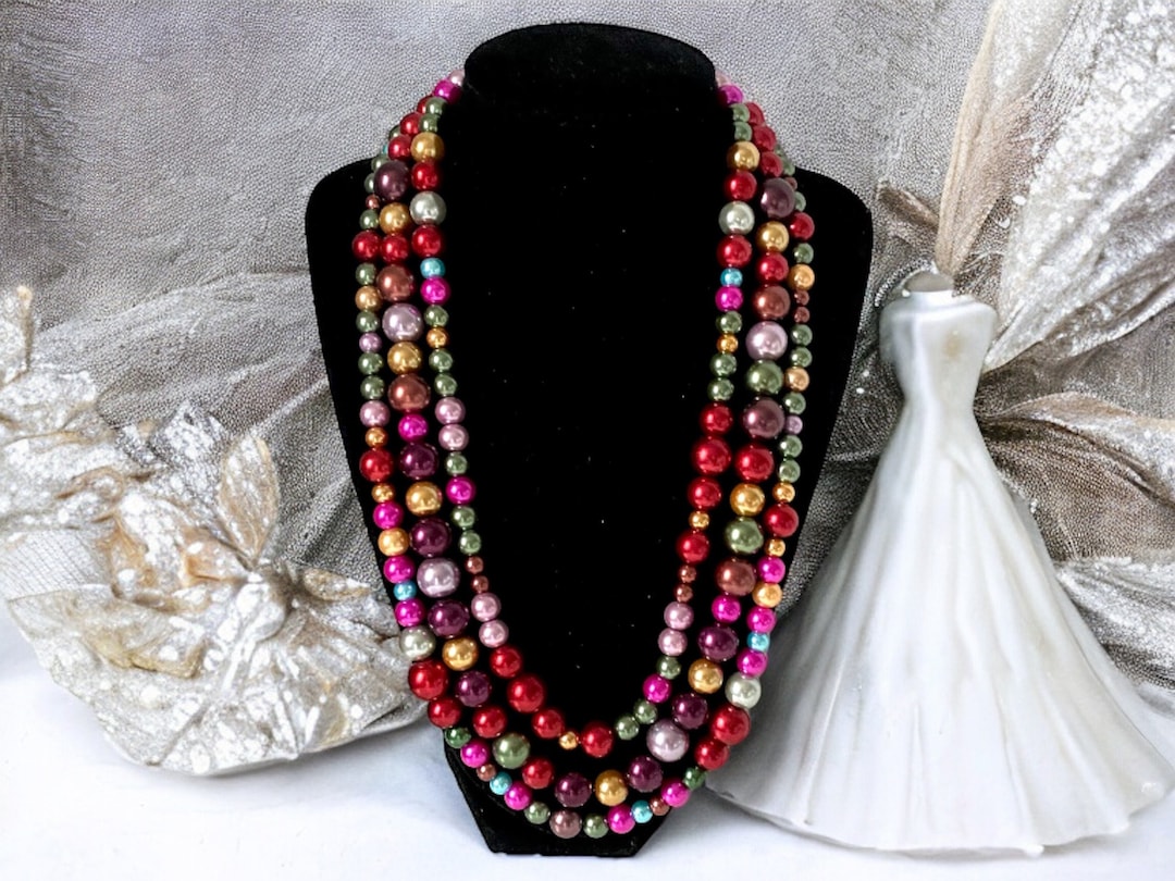 Multi Color Necklace, Multi Strand Colorful Pearl Necklace, Layered ...