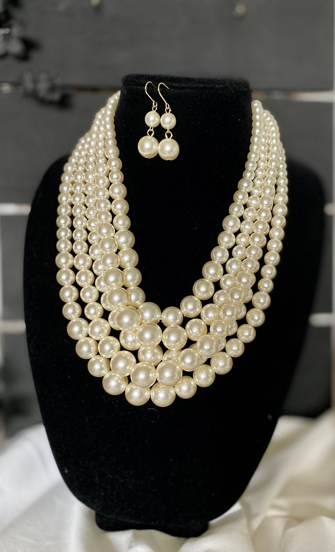 Multi Strand Chunky Pearl Necklace, Layered Pearl Necklace Set, Wedding ...