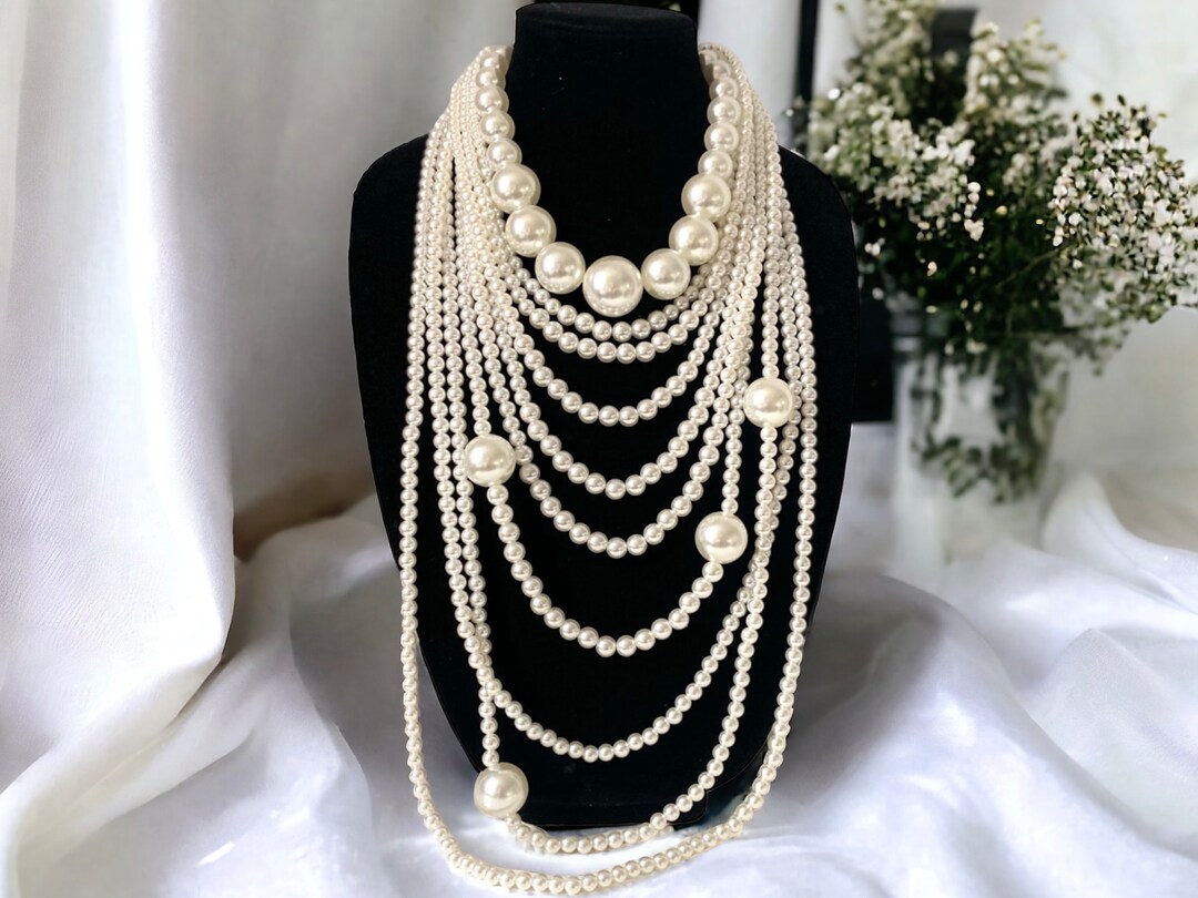 Big Bold Pearl Bib Necklace, Ivory Chunky Big Layered Necklace, Acrylic ...