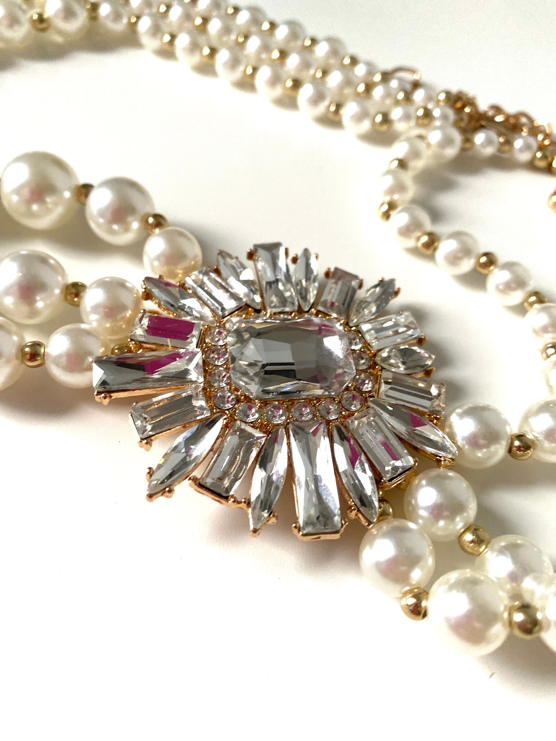 Multi Layered Pearl Necklace Pearl Necklace With Crystal - Etsy