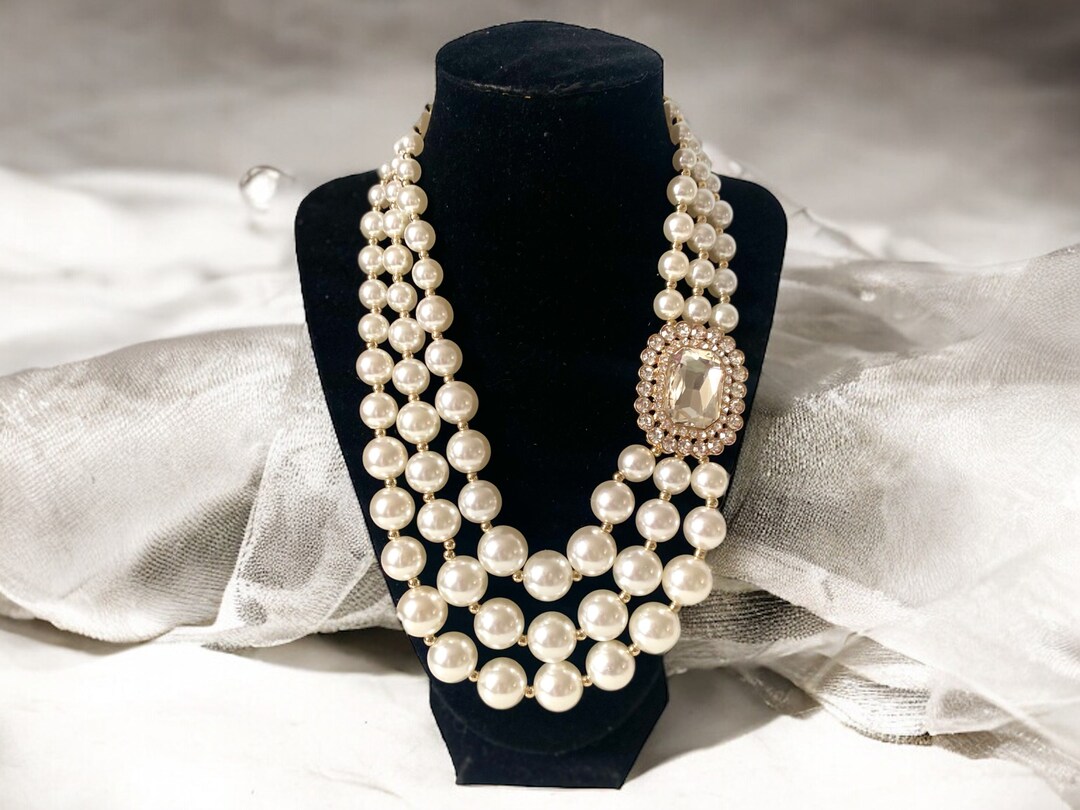 Three-layered Ivory Pearl Necklace With Rhinestone Brooch, Elegant ...