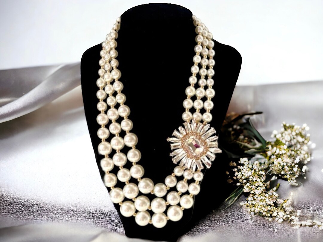 Multi Layered Pearl Necklace, Pearl Necklace With Crystal Brooch, Multi ...