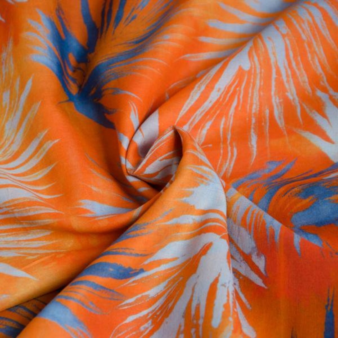 Hilco Cotton Fabric Voile Farlan Palm Leaves Blue/light Gray/orange - Etsy