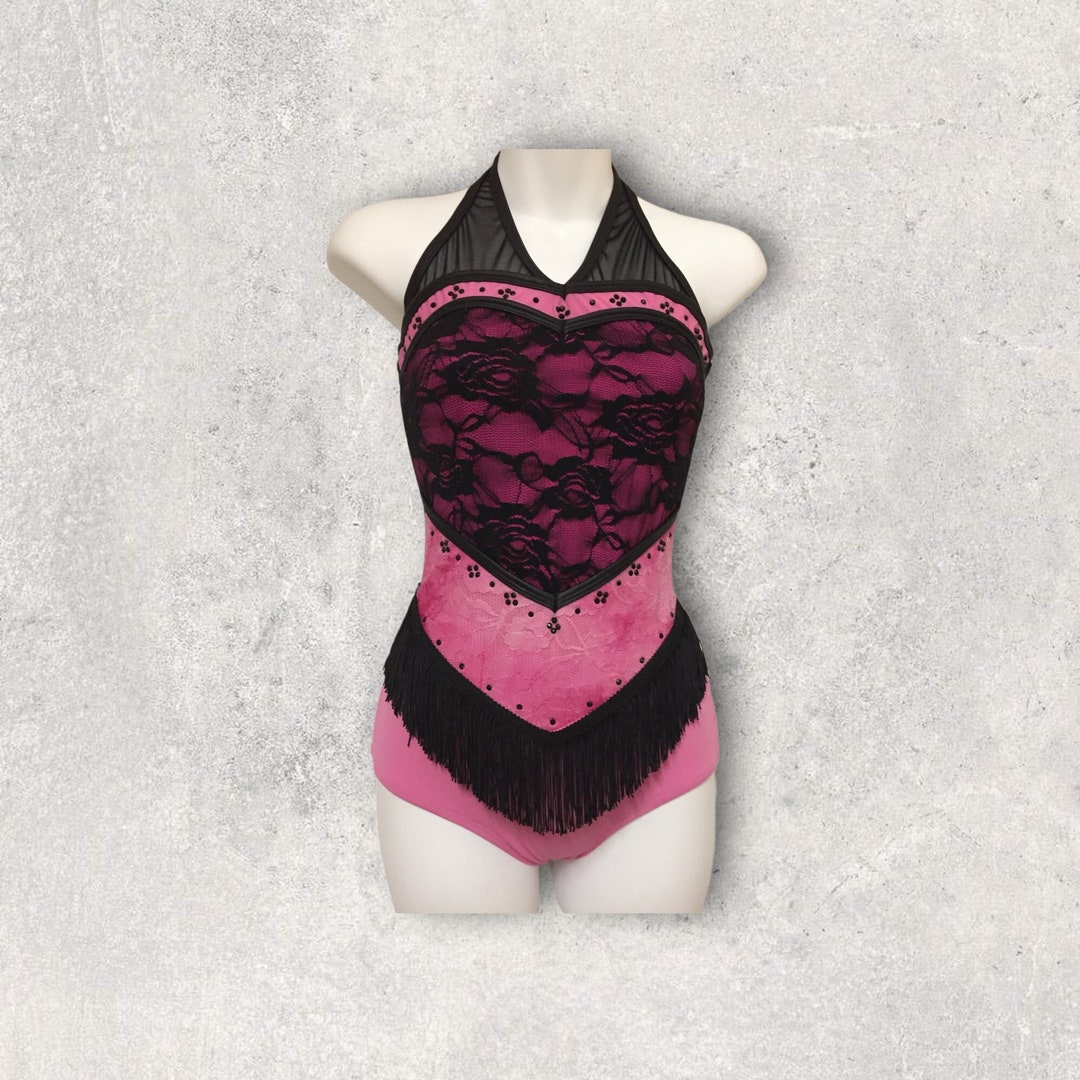 Handmade Halter Dance Costume: Pink Lace Leotard With Black Fringe - Etsy