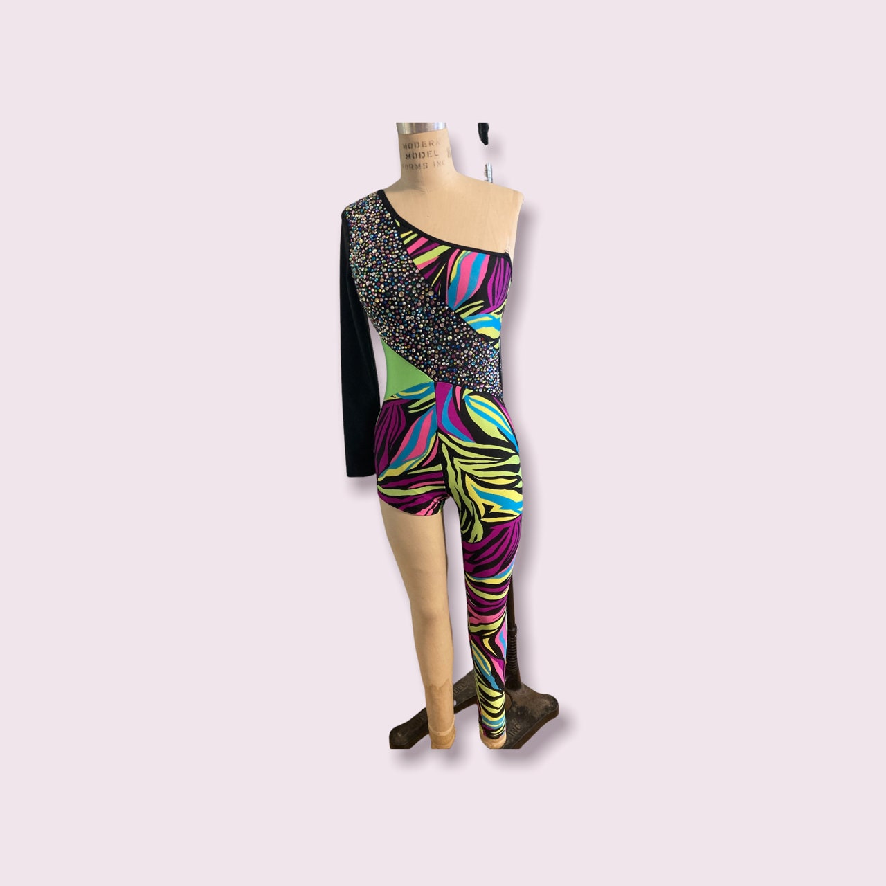 Asymmetrical Dance Costume: Multicolor Animal Print Unitard, Swarovski ...