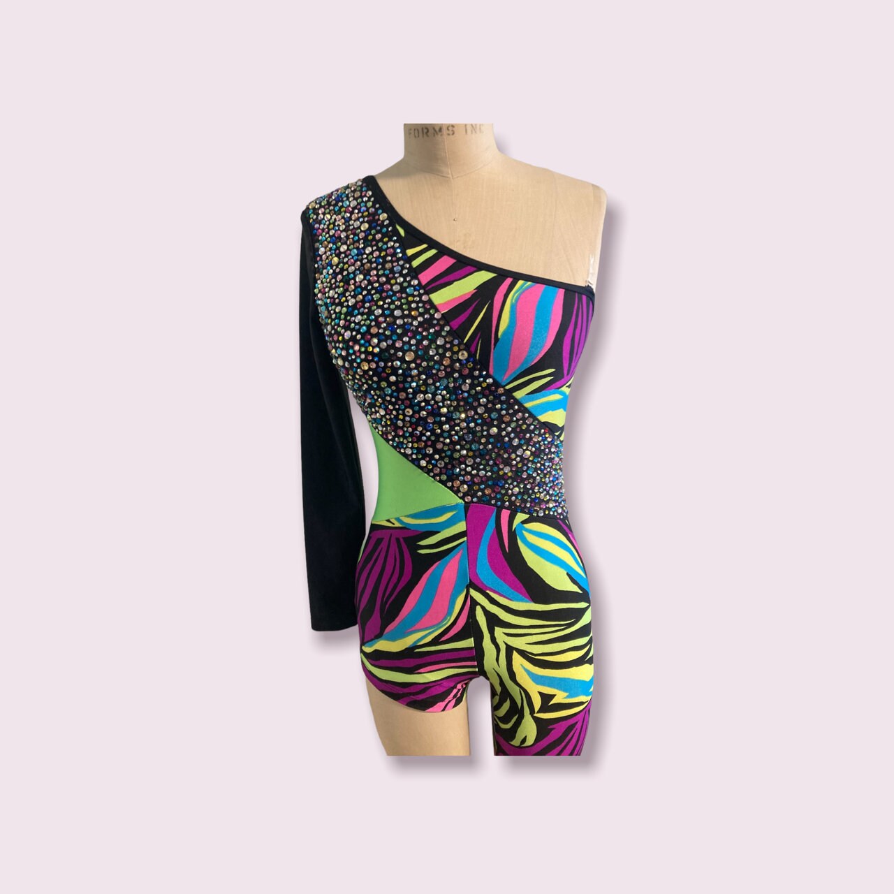 Asymmetrical Dance Costume: Multicolor Animal Print Unitard, Swarovski ...