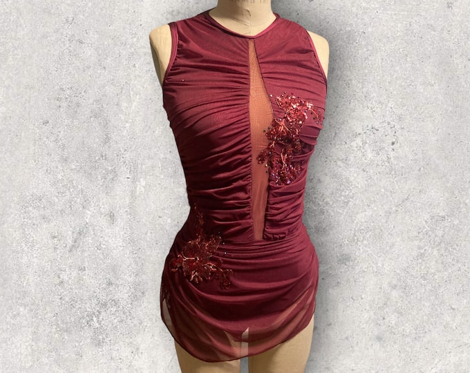 Custom Dance Costume, Dance Competition, Burgundy Gathered Mesh Over ...