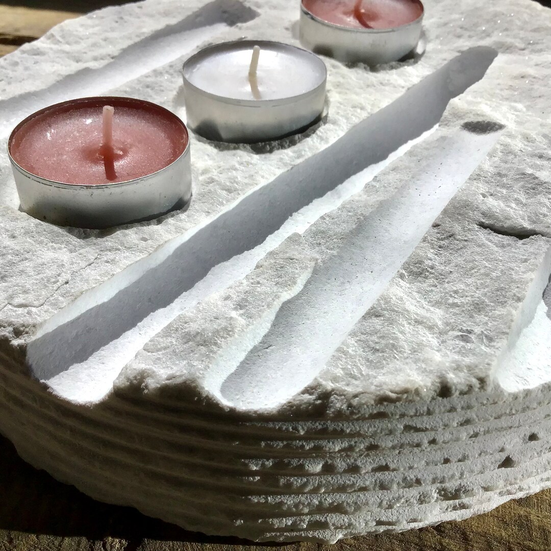 Candleholder - Splitted Stone Surface, White Marble, 3 Tea Lights ...