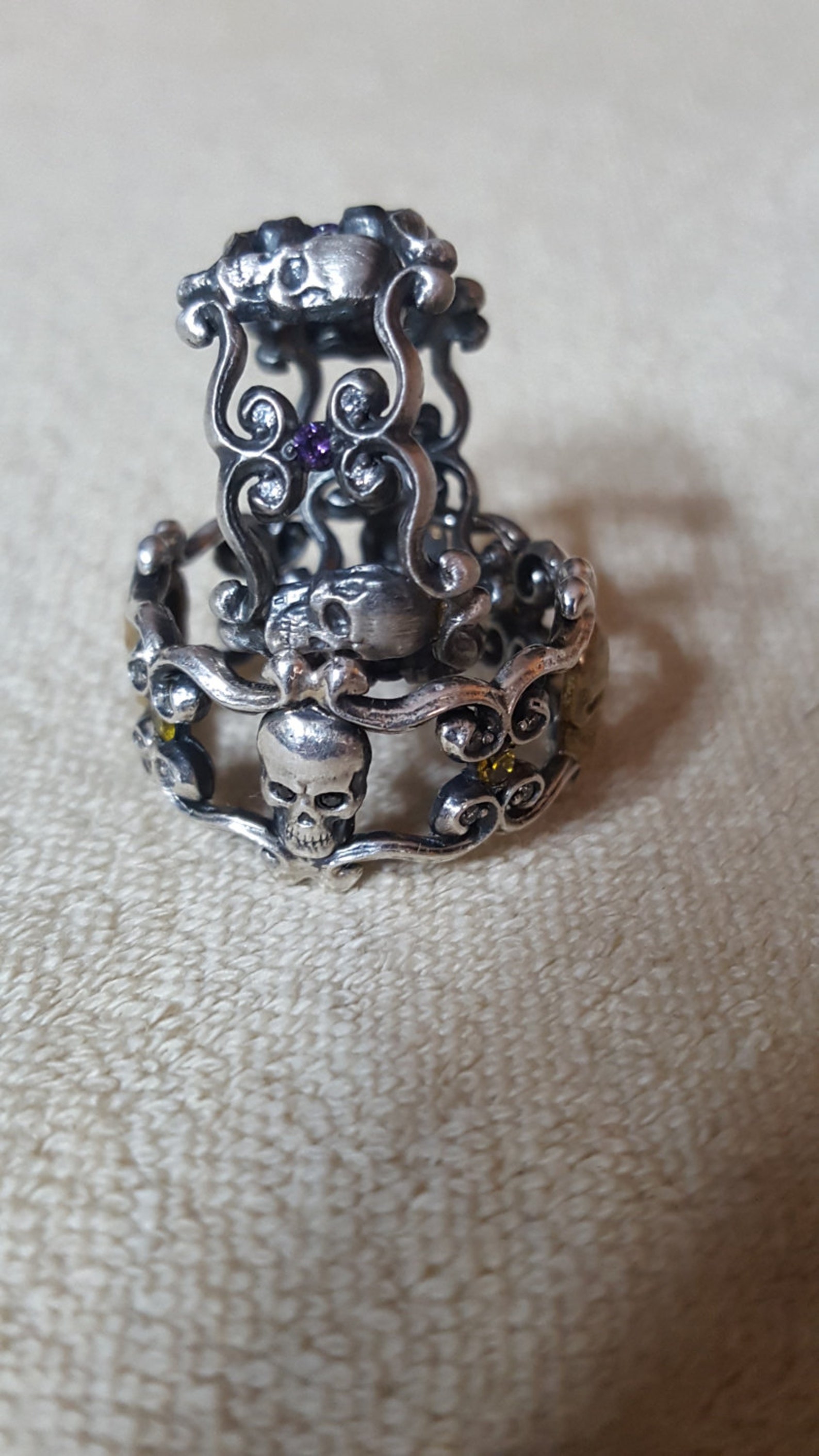 Skull Sterling Silver Solid .925 Hand Made 4 Scull Scrolls Ring With ...