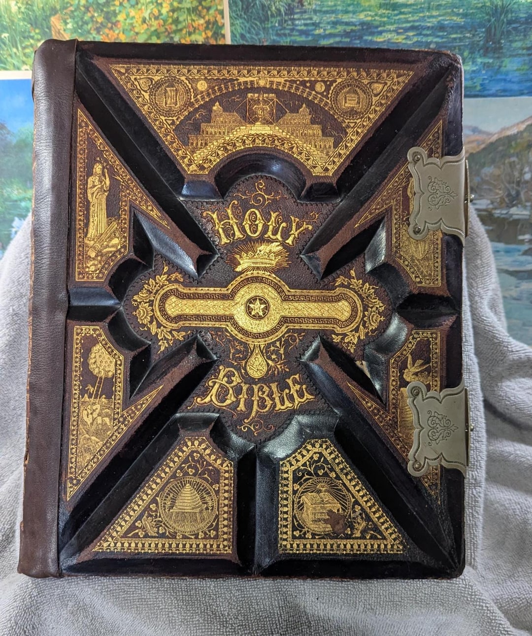 Antique 1890s Holy Bible Parallel Edition Large Embossed Leather Cover ...