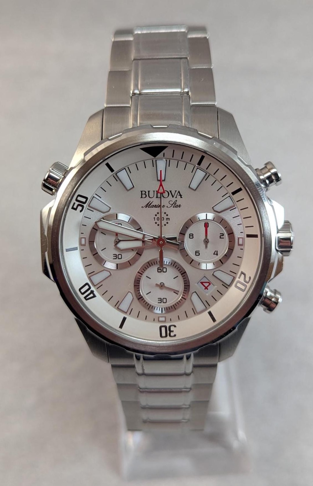 Bulova Marine Star Chronograph Watch: Stainless Steel, White Dial, 43mm ...