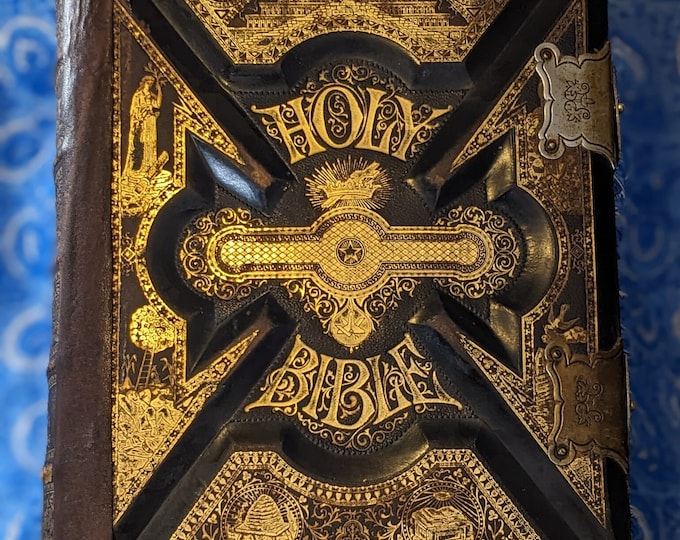 Large Antique Leather the Holy Bible Parallel Column Heavy Embossed ...