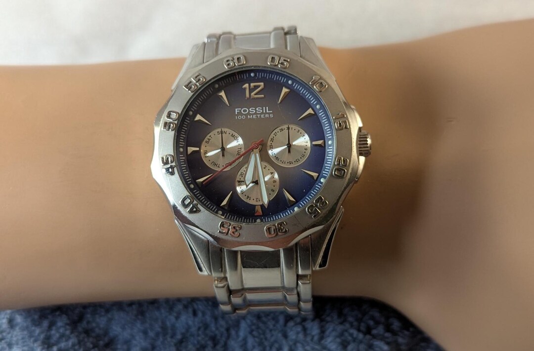 Fossil Blue Dial Chronograph Watch: Stainless Steel, Lume Hands, Small ...