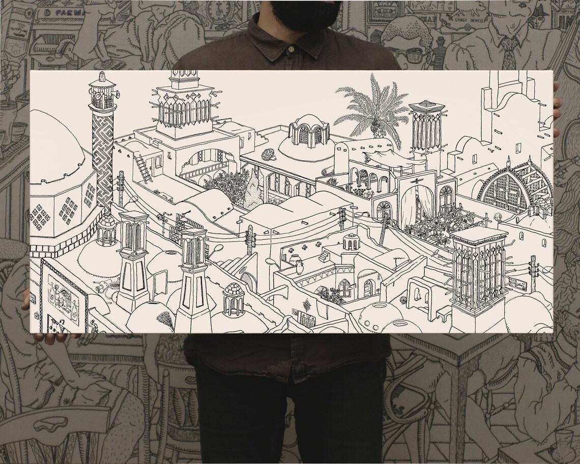 The Persian Dream, Line Panoramic Drawing of an Iranian City Yazd ...