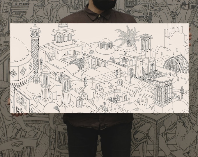 The Persian Dream Line Panoramic Drawing of an Iranian City - Etsy