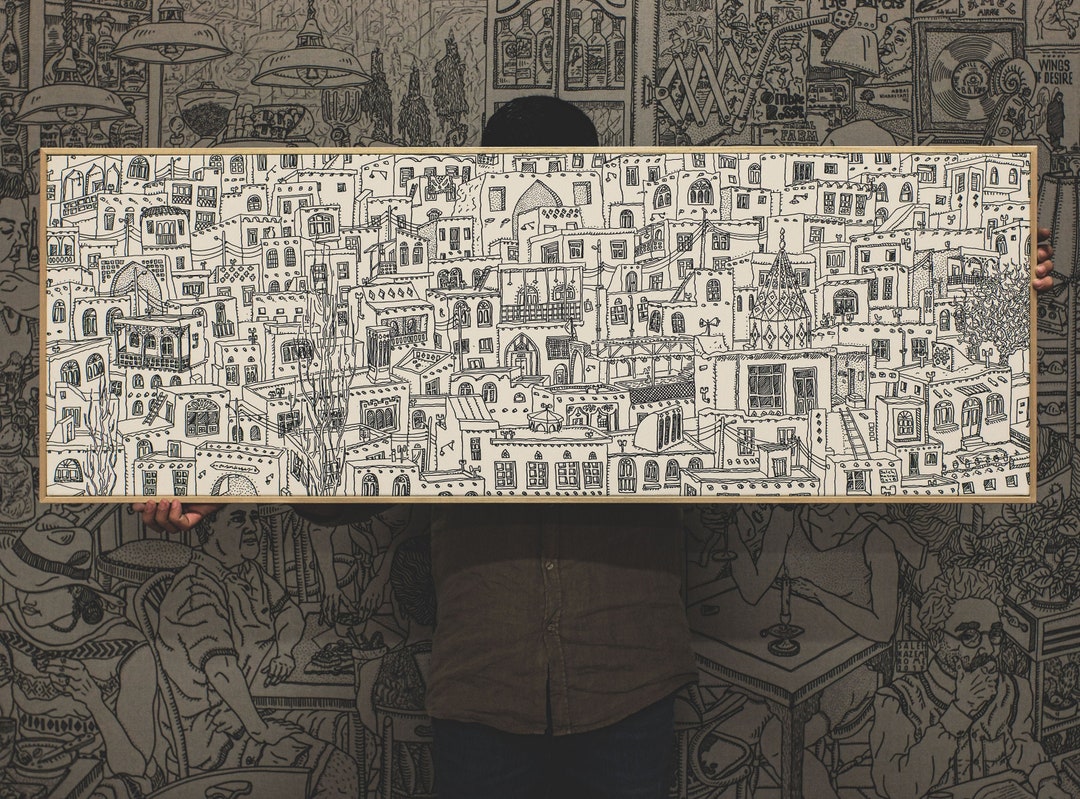 The Persian Village, Line Panoramic Drawing of an Iranian City Abyaneh ...