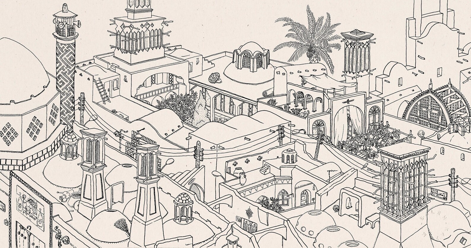 The Persian Dream, Line Panoramic Drawing of an Iranian City Yazd ...