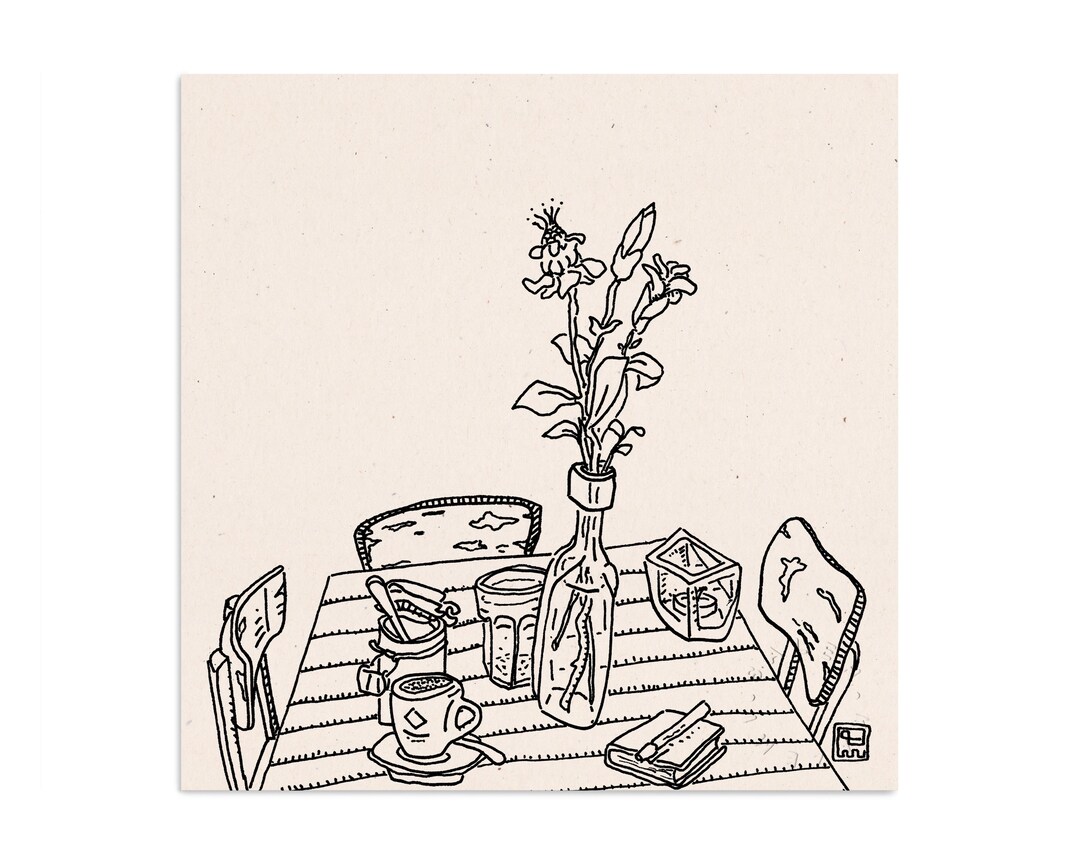 The Café Table, Detailed Print of Instant Drawing Made of Flowers in ...