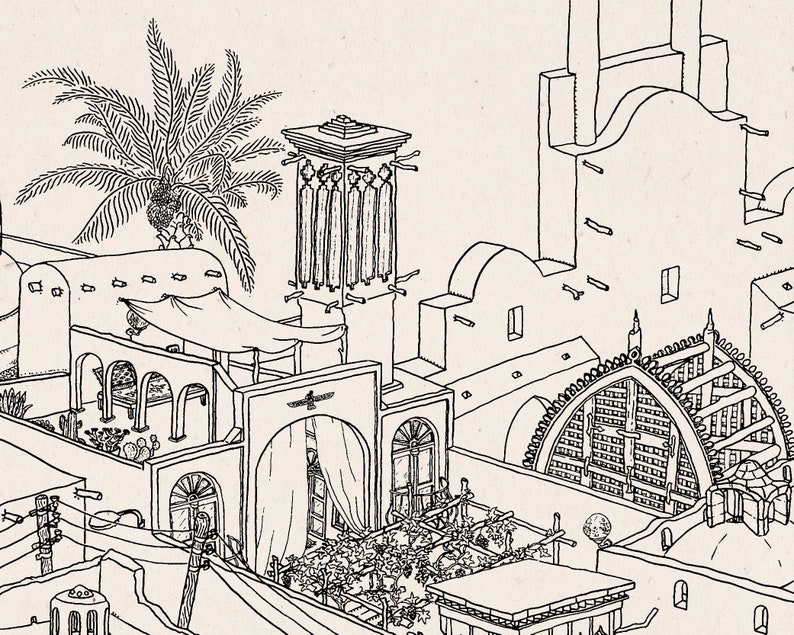 The Persian Dream, Line Panoramic Drawing of an Iranian City Yazd ...