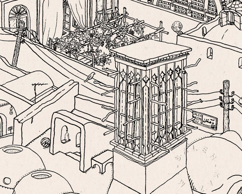 The Persian Dream, Line Panoramic Drawing of an Iranian City Yazd ...