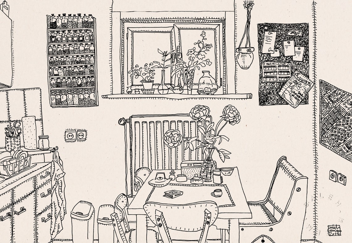 German Kitchen Print of B&w Line Illustration Drawing of a | Etsy