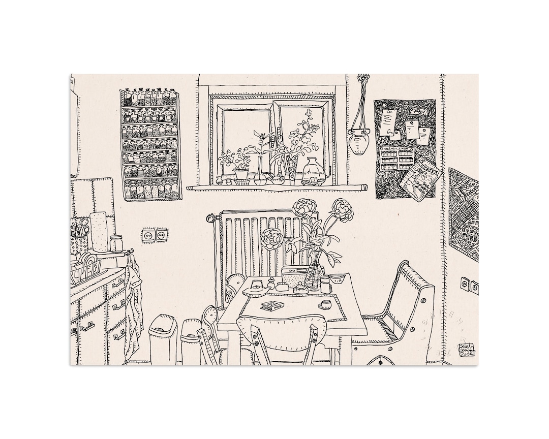 German Kitchen, Print of B&w Line Illustration Drawing of a Cozy ...