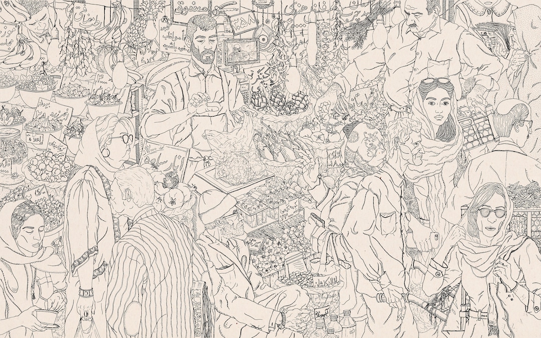 The Persian Bazaar, Line Drawing of Tajrish Bazaar in Tehran With ...