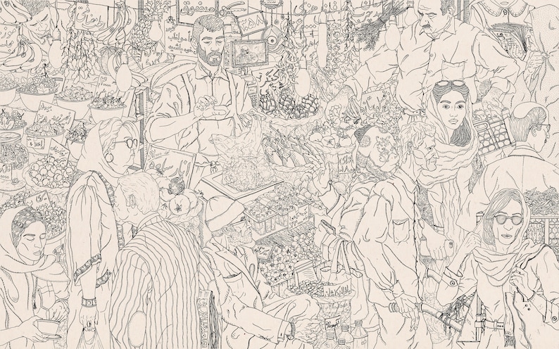 The Persian Bazaar line drawing of Tajrish Bazaar in Tehran | Etsy