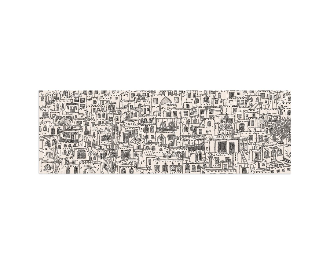 The Persian Village, Line Panoramic Drawing of an Iranian City Abyaneh ...